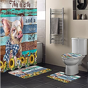 4 Piece Shower Curtain Sets Cute Rustic Farm Animals Pig on Wood Include Non-Slip Rug, Toilet Lid Cover, Bath Mat and Shower Curtain Waterproof with 12 Hooks for Bathroom
