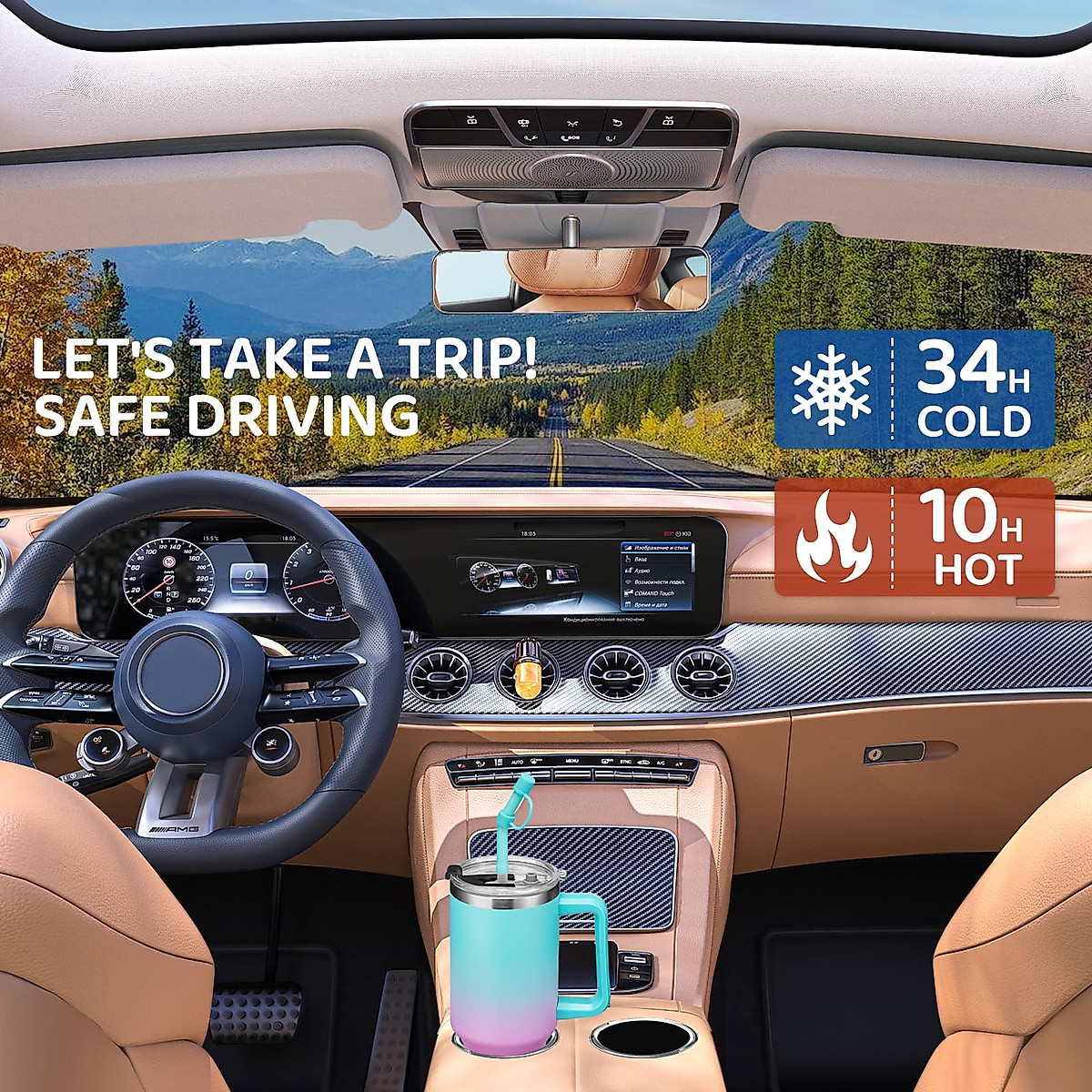 BENZZO 40 oz Tumbler with Handle Straw and 2-in-1 Lid Made of Metal Travel Mug for Easy Grip & Spill Proof, Pop-off Prevention Insulated Cup Gifts for Women, Car Cupholder Friendly，BPA Free