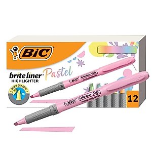 BIC Brite Liner Grip Pastel Highlighter Set, Chisel Tip, 12-Count Pack of Assorted Colors, Cute Highlighters for Bullet Journal Exercises, Note Taking and More