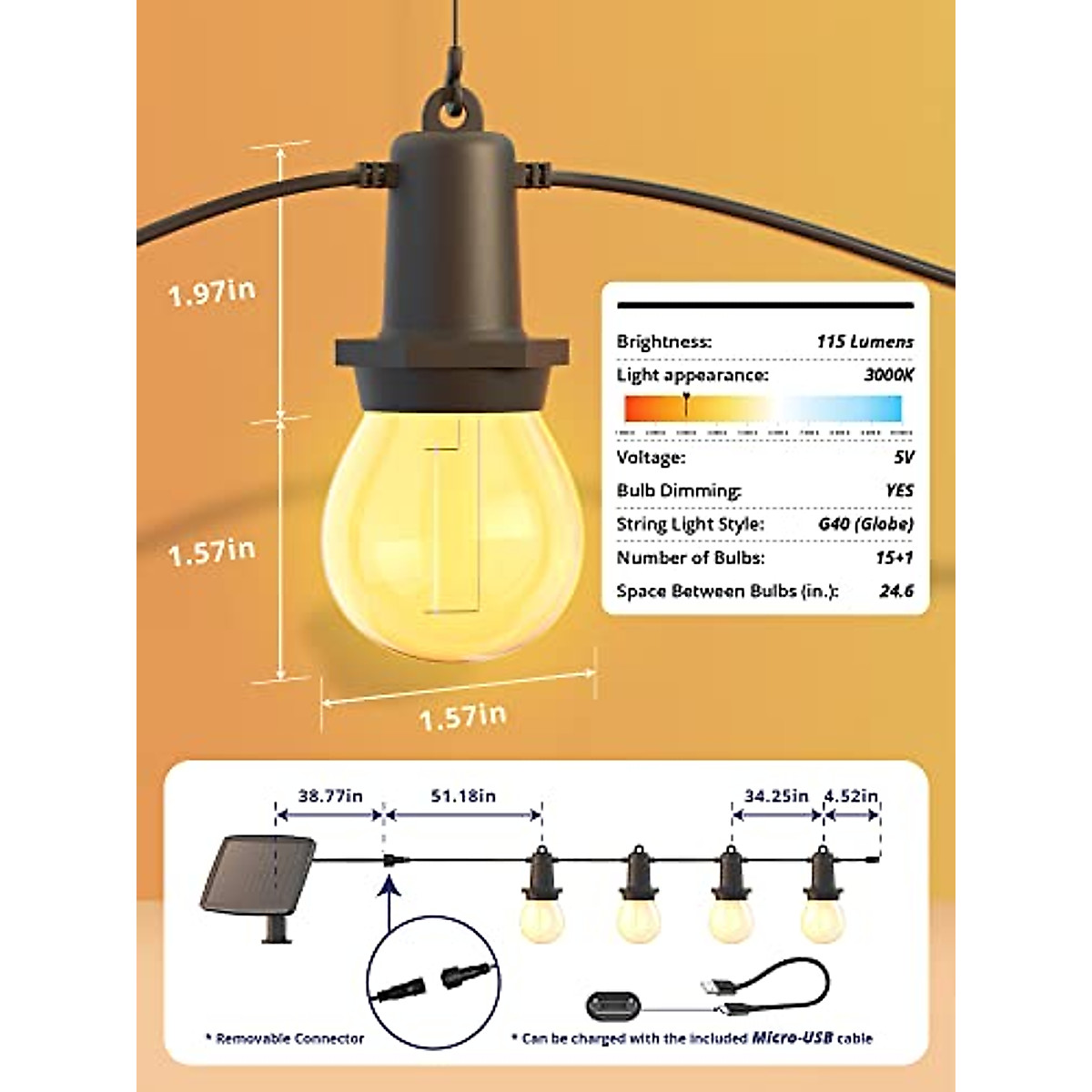 Sunnyload Solar String Lights Outdoor Waterproof, 48ft Solar Powered Lights with Shatterproof 15+1 G40 LED Bulbs, USB Rechargeable 4 Modes Dimmable for Balcony Patio Garden