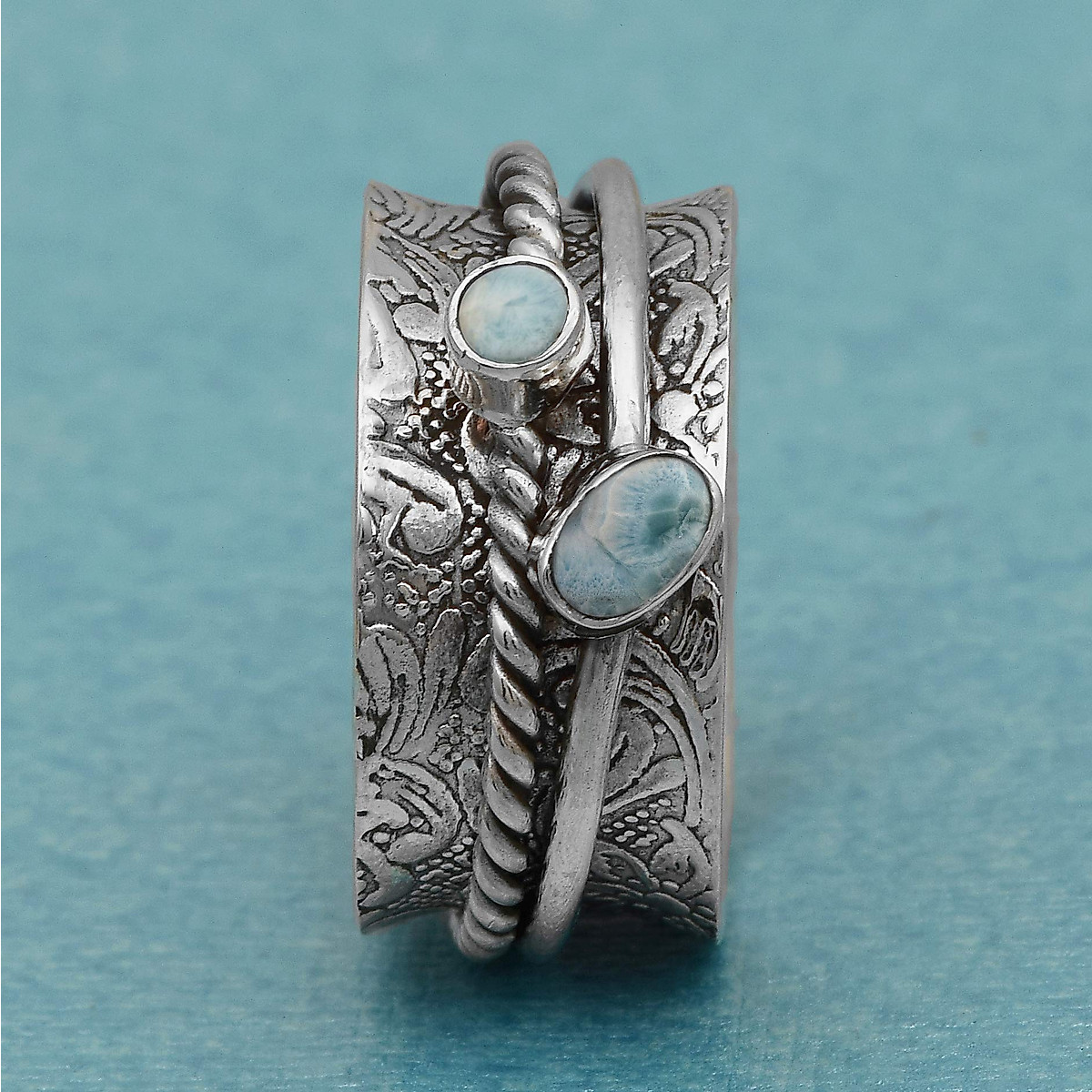 Spinner Ring !! 925 Sterling Silver Larimar Gemstone Meditation Ring, Anxiety Ring, Fidget Ring, Anti Stress Ring, Worry Band (11) (12) (8)