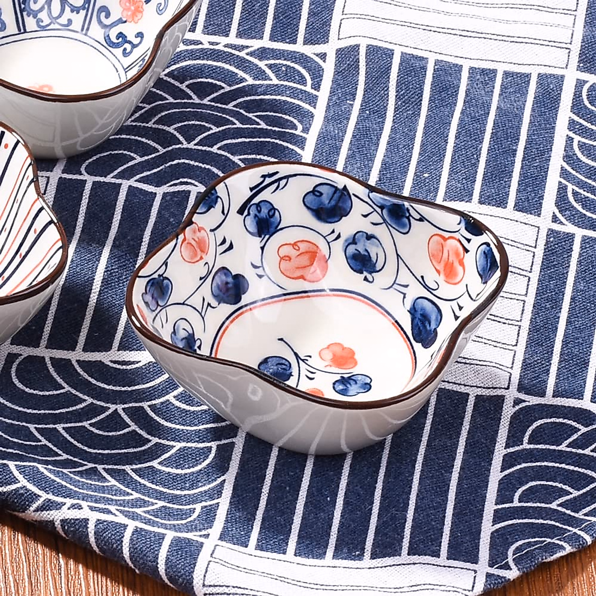 BOSILI Sauce Bowl Set of 6-4 OZ Sauce Plate, 6 Different Pattern Dipping Bowls/Dish, Mini Small Bowls for Soy Sauce, Ketchup, Condiments, Salad Dressing, Spices