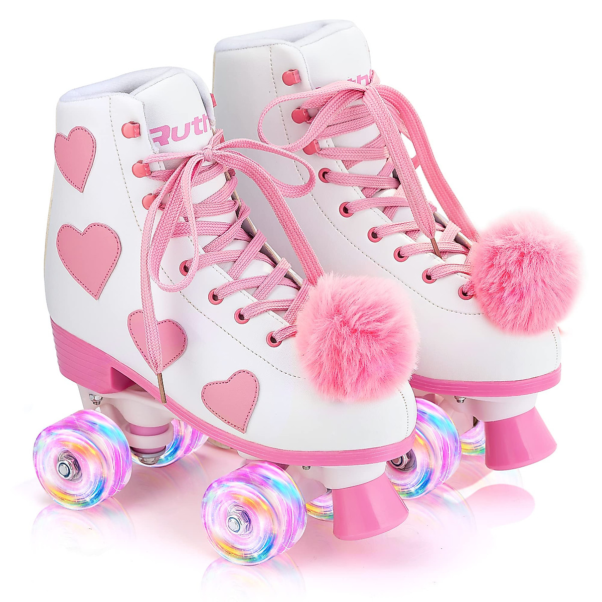 Ruthfot Women's and Girl's Classic Roller Skates with Light up Wheels and Love Heart Pattern, High-top PU Leather Rollerskates…
