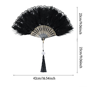 Lace Feather Folding Fan Vintage Spanish Hand Fan for Women Dancing Party Costume Festival Performance (Black)