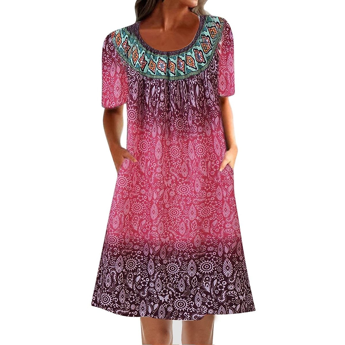 Round Print Loose Neck Pocket Boho Dress Floral Short Dress Sleeve Women Summer Office Dresses for Women for Work Pink
