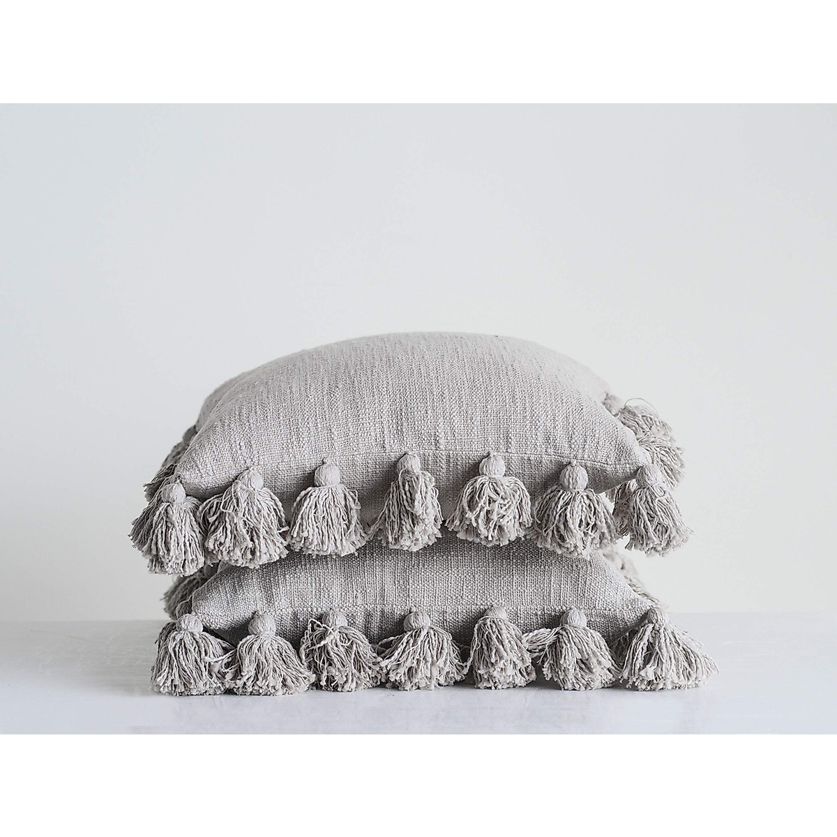 Grey Square Cotton Pillow with Tassels