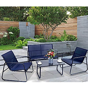 Kozyard Sofia 4 Pieces Patio/Outdoor Conversation Set with Strong Powder Coated Metal Frame, Breathable Textilence, Includes One Love Seat, Two Chairs and One Table (Navy Blue)