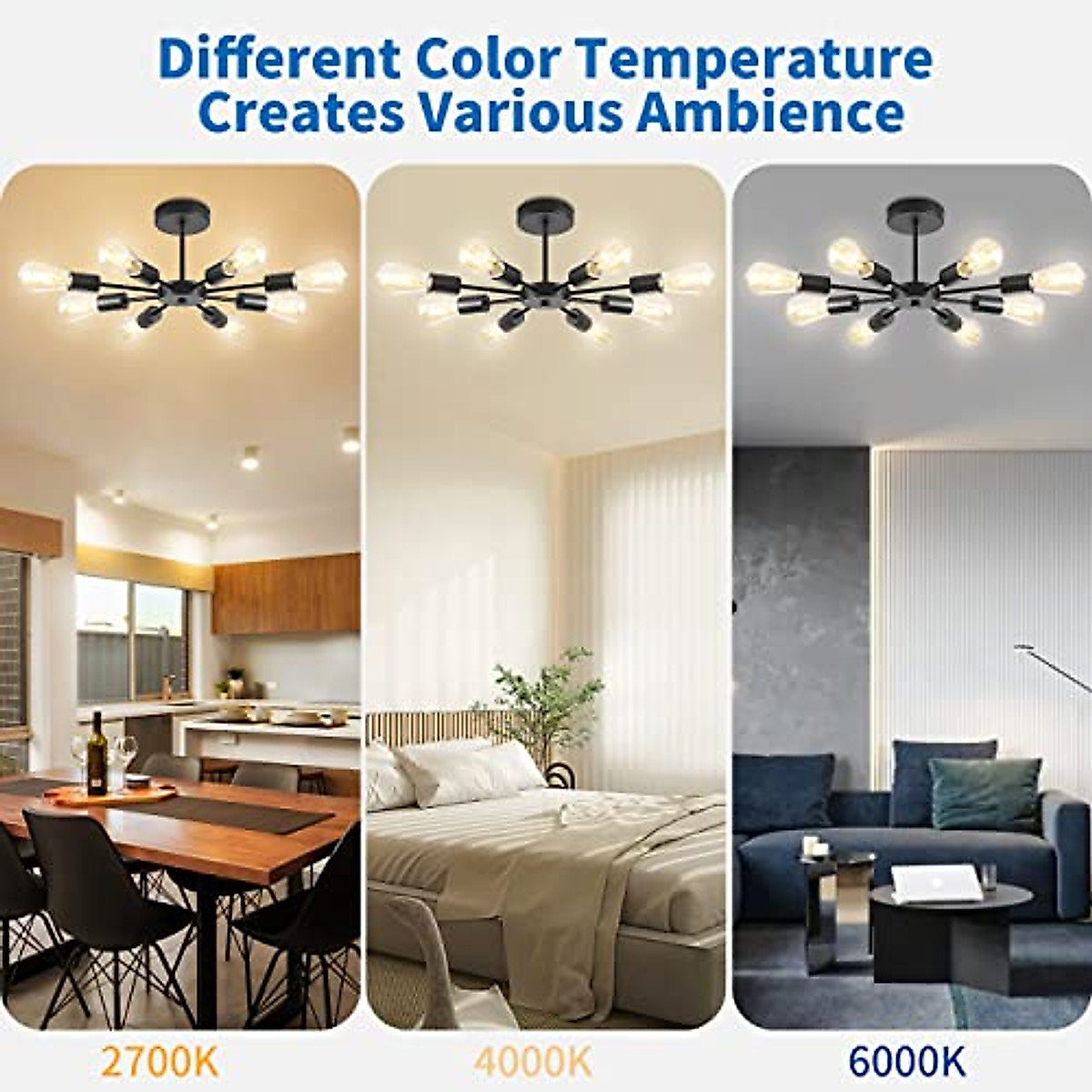 ANWIO Modern Flush Mount Ceiling Light Metal Art Industrial Ceiling Light 8 Lights Black Sputnik Painted Finish Chandelier for Kitchen Farmhouse Living Room Dining Room(8Head)