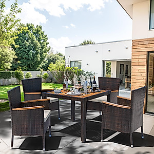 Shintenchi 5 Piece Patio Dining Set, Wicker Patio Conversation Set with Wood Table Top, Outdoor Table and Chairs with Soft Cushions for Backyard, Deck and Garden, Brown Rattan