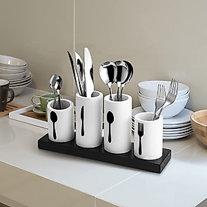 Eaasty 5 Pieces Rustic Silverware Holder Farmhouse Wood Silverware Caddy with Tray Knife Spoon Fork Flatware Holder Countertop Cutlery Organizer Cutlery Holder for Countertop Kitchen (Black, White)
