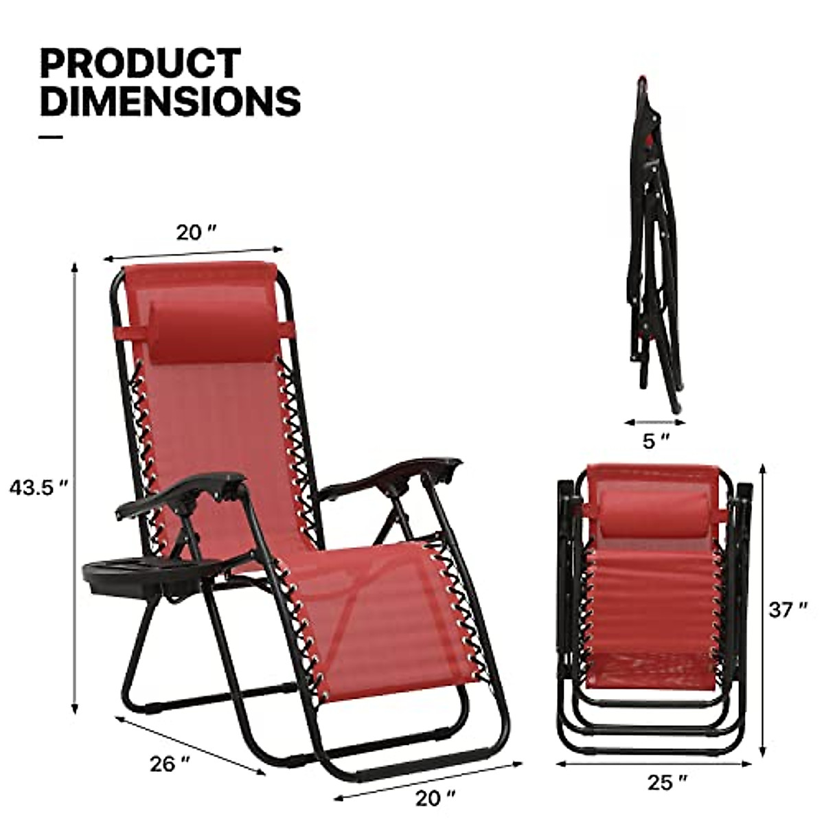 MoNiBloom Folding Beach Lounge Chair 2-Pack, Chaise Lounge with Pillow & Cup Holder, Portable Outside Patio Recliner for Poolside Beach Vacation, Maroon