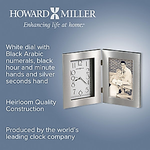 Howard Miller Lewiston Table Clock 645-677 – 4-Inch x 6-Inch Silver Finished Picture Frame, Glass Crystal, Hinged Timepiece, Modern Home Décor, Quartz Movement