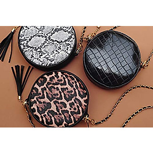Women Round Cross Body Bag Tassel Circle Purse Chain Shoulder Handbag Clutch Wristlet (Leopard)