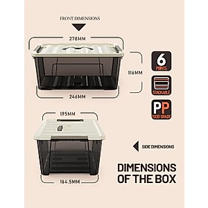 WYT Small Clear 5-Quart Plastic Storage Container Bin with Khaki Secure Lid and Black Latch Buckles, Durable Stackable Nestable Organizin, 6-Pack