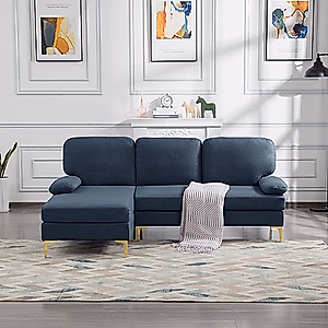 Goohome 79.5'' Linen L-Shaped Left-Hand Facing Sectional Sofa Metal Legs and 2 Detachable Armrest Pillows, Modern 3-Seater Fabric Couches for Living Room Apartment Small Space, A-Dark Blue