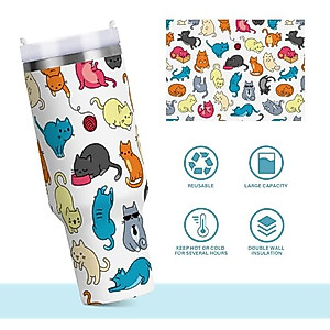 MCHIVER Cats White 40 oz Tumbler with Handle and Straw Stainless Steel Vacuum Water Bottle Leak-proof Travel Coffee Mug Thermos Water Bottle for Hot Cold Beverages