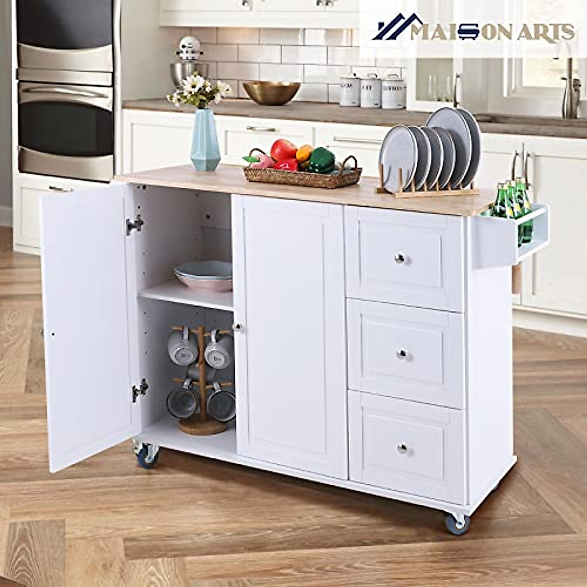 MAISON ARTS Storage Kitchen Island on Wheels with Drop Leaf Rolling Kitchen Cart with 2 Doors & 3 Drawers Rubber Wood Countertop, White