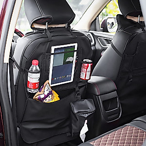 AICEL Car Backseat Organizer, 2 Pack Seat Back Protector Kick Mats with Touch Screen Tablet Holder for Kids Toddlers, Auto Backseat Storage Pockets with Cup Holder and Hook, Car Travel Accessories