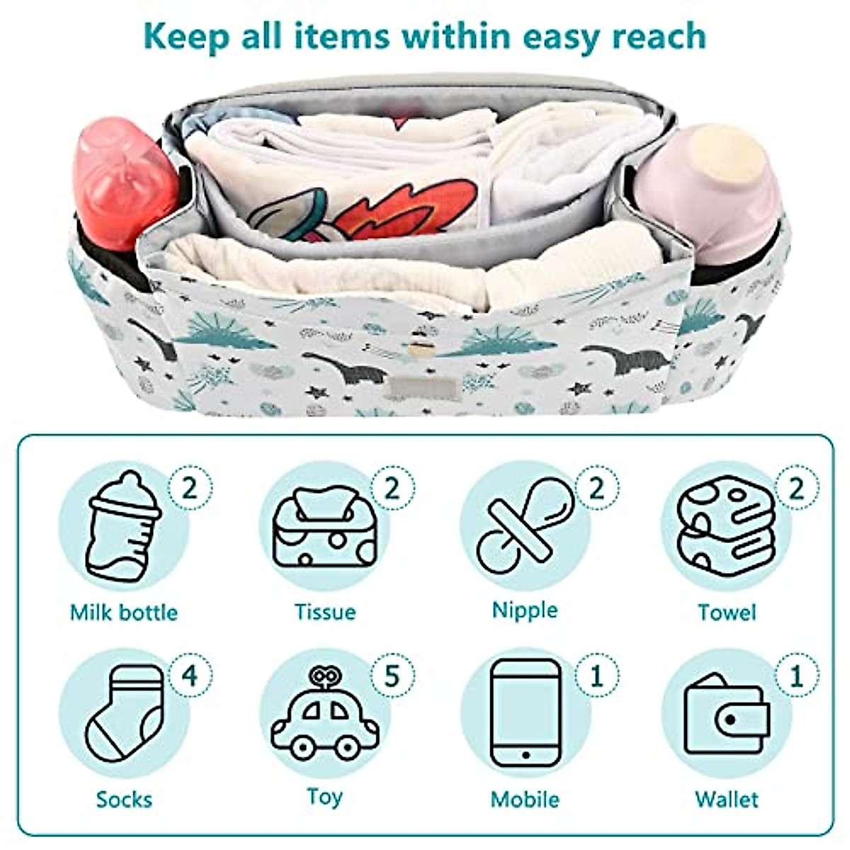 Sinestour Cute Dinosaur Cartoon Stroller Organizer with Cup Holder Universal Stroller Organizer Bag Detachable Shoulder Strap Stroller Accessories for Diaper Phone Keys Toys Fit All Baby Stroller