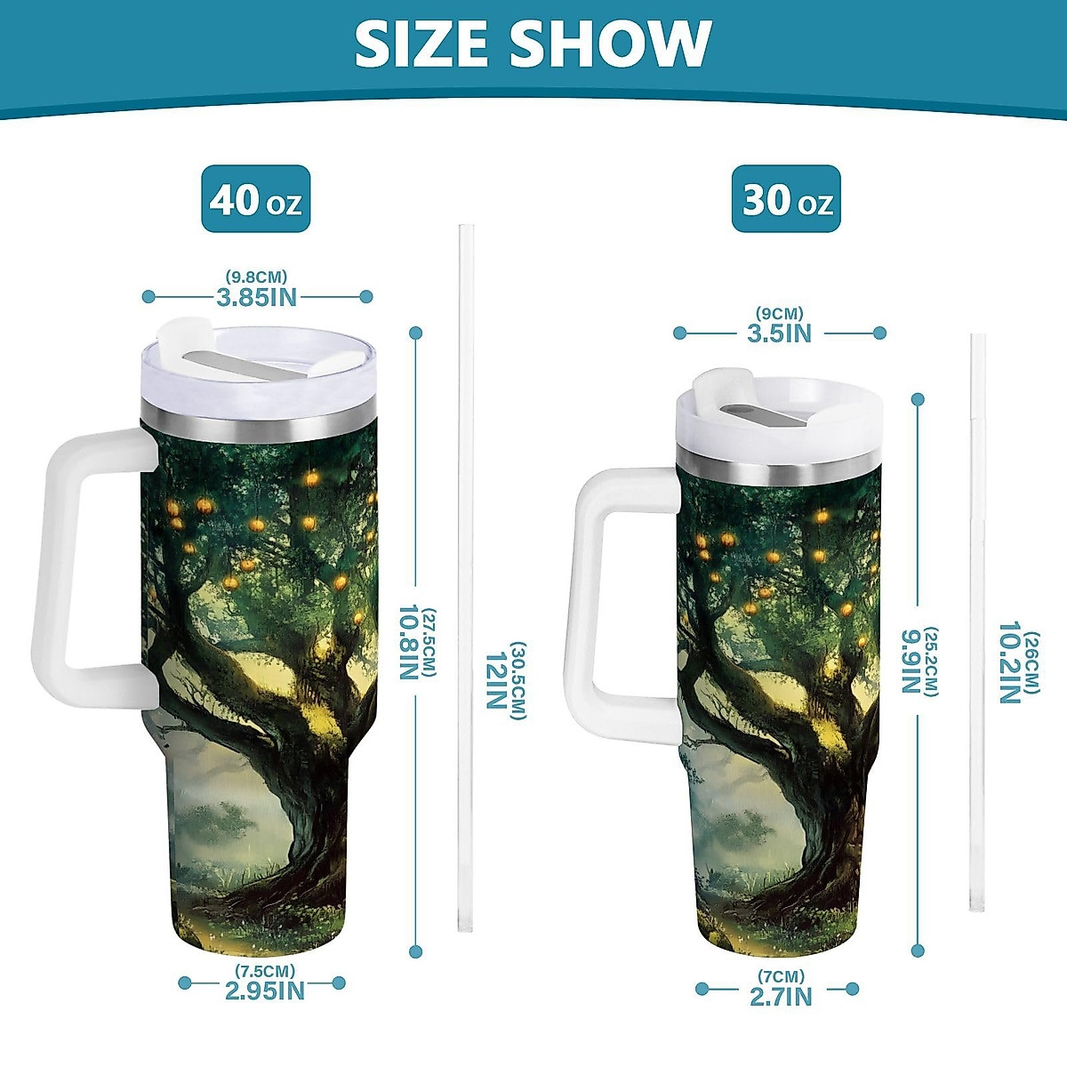 Jihqo Fairy Tales Glowing Tree 40 oz Stainless Steel Vacuum Insulated Tumbler with Handle and Straw Lid, Leakproof Water Bottle Double Wall Travel Mug Coffee Cup, Cupholder Friendly