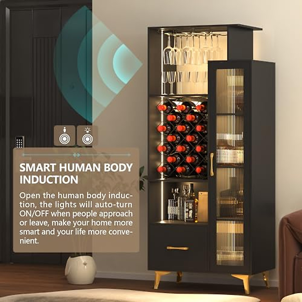 Vlsrka LED Liquor Wine Cabinet, Wine Bar Cabinet with USB Port, Bar Cabinets for 18 Bottle Wine Rack and 3 Glass Holder, Tall Sideboard Buffet Storage Cabinet for Living, Dining Room, Black