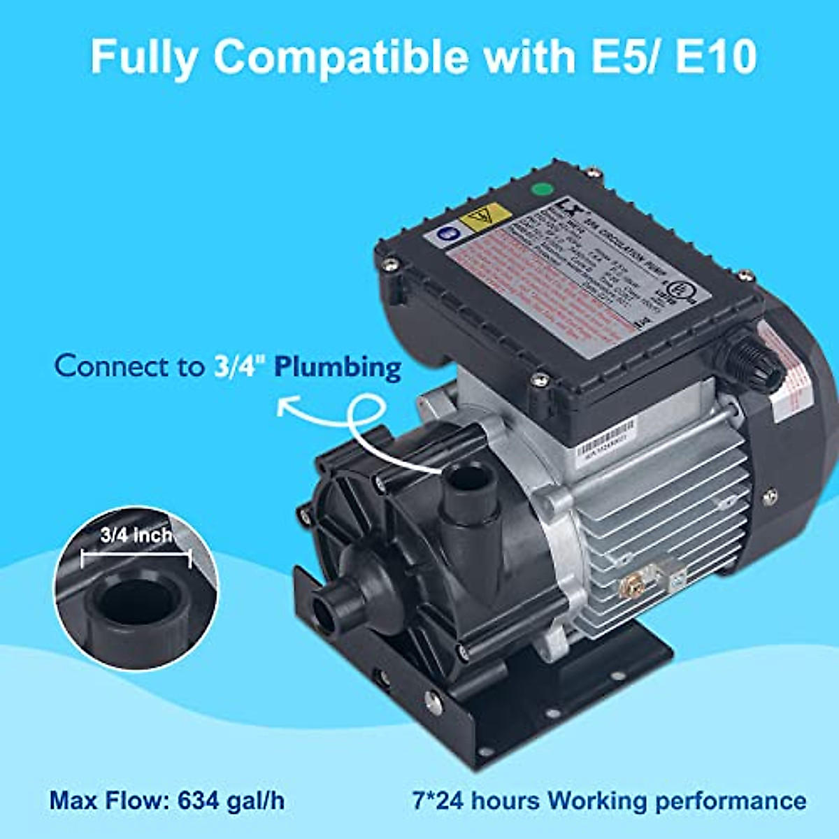 LINGXIAO WE10 SPA Circulation Pump, Hot Tub Circulation Pump, LX Pump Motor 115V, 0.25HP, 3/4" Port Compatible with OEM E5/E10 - Model: WE10(115V)