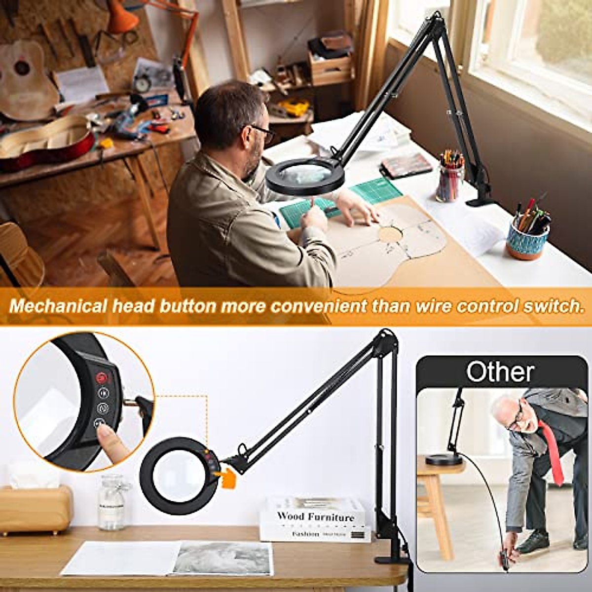 5X Large Magnifying Glass with Light and Stand, KRSTLV 2 x 16 Inch Swivel Arm LED Desk Lamp with Clamp, 5 Color Modes Stepless Dimmable Lighted Magnifier Hands Free for Close Work, Craft, Hobby, Black