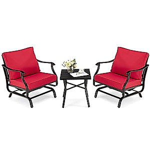 LUKEO 3PCS Patio Rocking Bistro Set Cushioned Chair Armrest Side Table Red