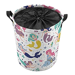 Funny Mermaids Laundry Hamper Collapsible Laundry Basket with Drawstring Waterproof Ocean Stars Toys Storage Basket with Handle, 14x17.3 Inches