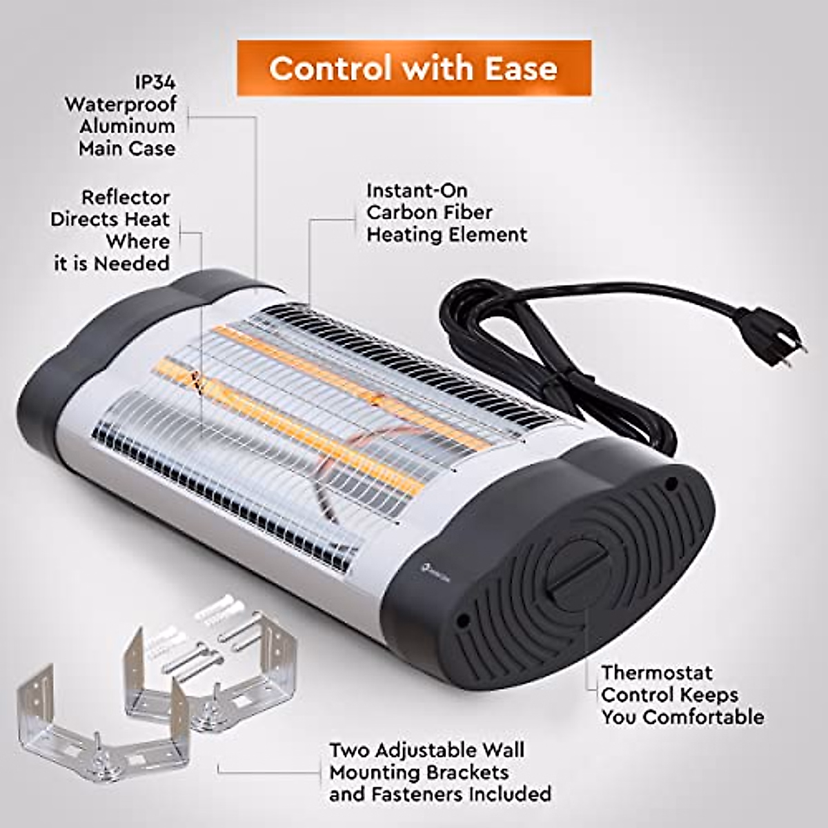 Comfort Zone Electronic Indoor/Outdoor Wall Mounted Patio Space Heater, Adjustable Thermostat, Timer, & IP34 Waterproof Rating, (Mount Hardware Included), Commercial and Residential, 1,500W, CZPH10
