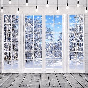 CRTPOD 15x10ft Winter Window Backdrop for Photoshoot Snow Forest Wonderland Background for Photography Holiday Christmas New Year Family Party Banner Wall Kids Portrait Studio Props
