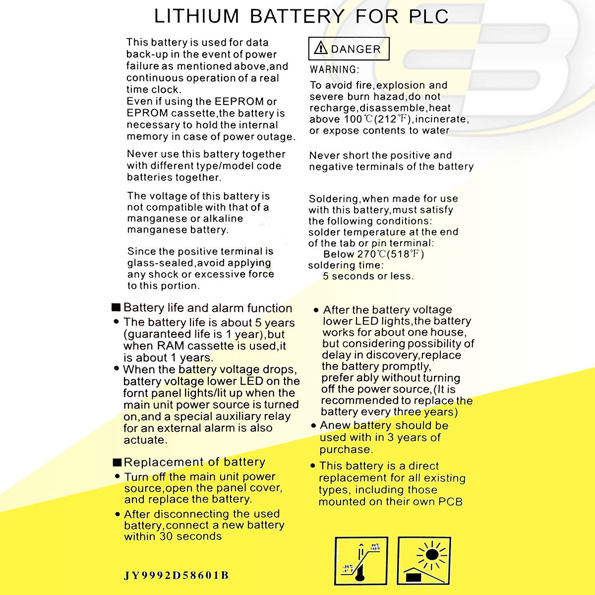 PLC Lithium 3V 2200mAh Computer Backup Battery, Replaces Ge Fanuc CNC 16i, CNC 18i, Cutler Hammer A20B-0130-K106, A98L-0031-0007, Dantona COMP-177, Energy+ BR-CCF1TH, Newark 25C3008, BR-CC7P