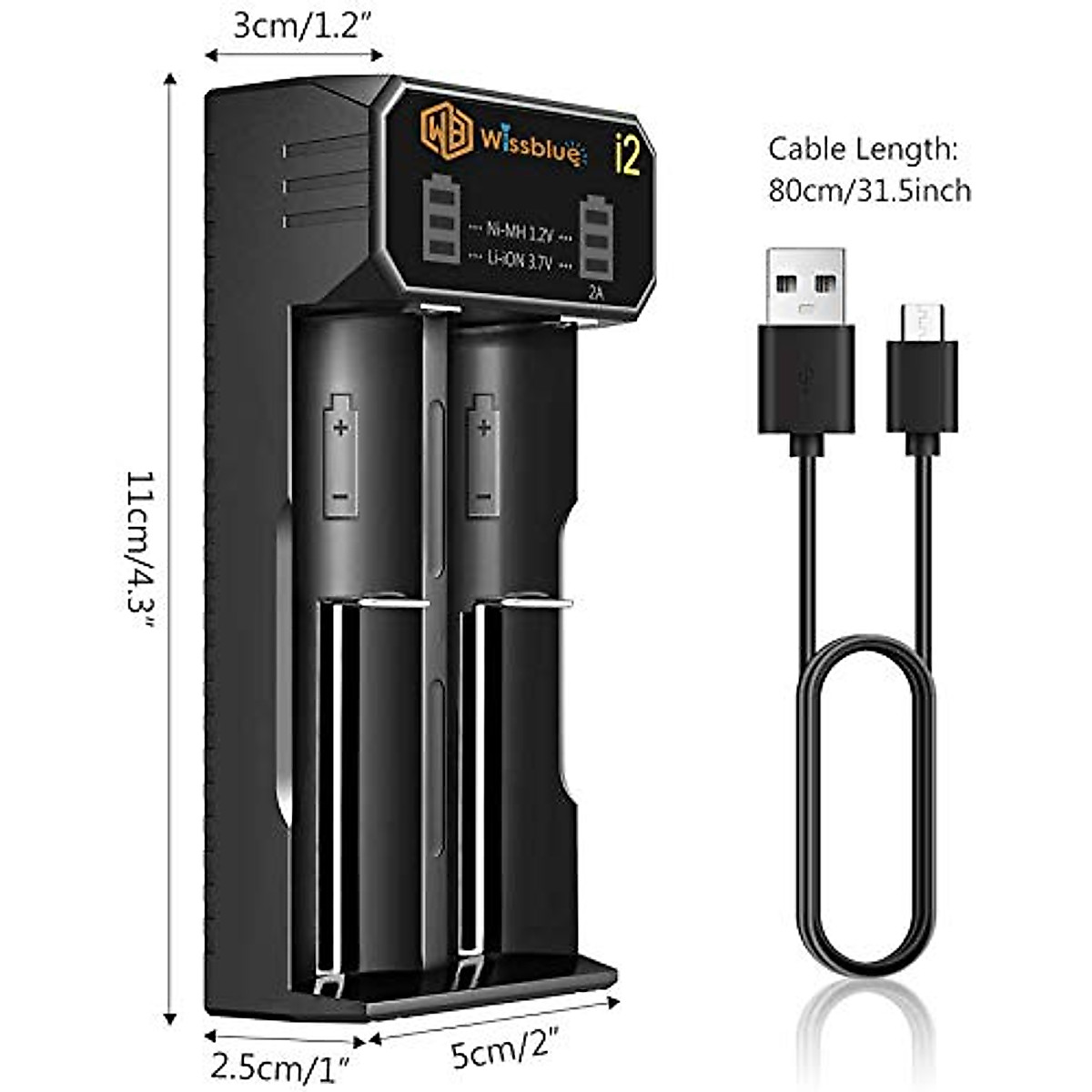 WISSBLUE i2 Universal Battery Charger, 2 Bay 2A Fast Charger for 26650 21700 18650 18490 18350 17670 17500 16340 14500 Li-Ion Rechargeable Batteries, RCR123A, Ni-MH Ni-Cd A AA AAA