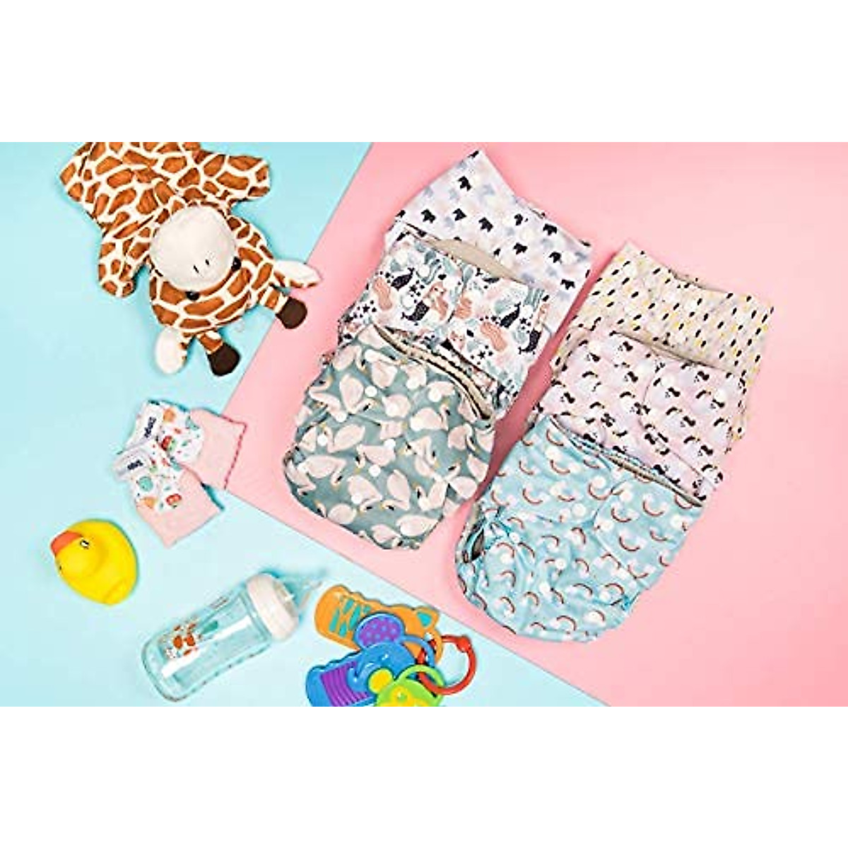 Simple Being Reusable Cloth Diapers- Double Gusset, One Size Adjustable, Washable Soft Absorbent, Waterproof Cover, Eco-Friendly Unisex Baby Girl Boy, six 4-Layers Microfiber Inserts (Whimsical)