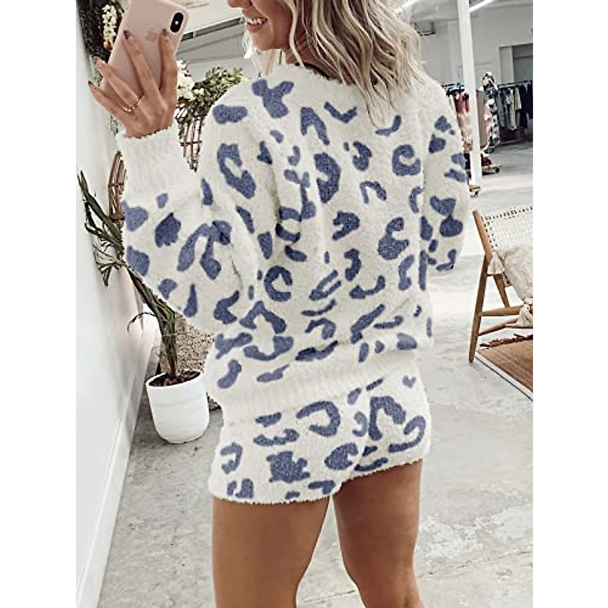 MEROKEETY Women's Cozy Fuzzy Fleece Leopard Pullover Nightwear Casual Crewneck Matching Loungewear Pj Sets,DustyBlue,XL