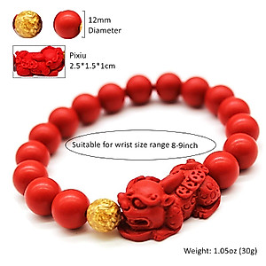 Feng Shui Amulet Bracelet Prosperity Red Bead Bracelet with Charm Red Pi Xiu/Pi Yao Attract Lucky Wealthy Bangle for Women/Men(12mm&1 Pixiu)