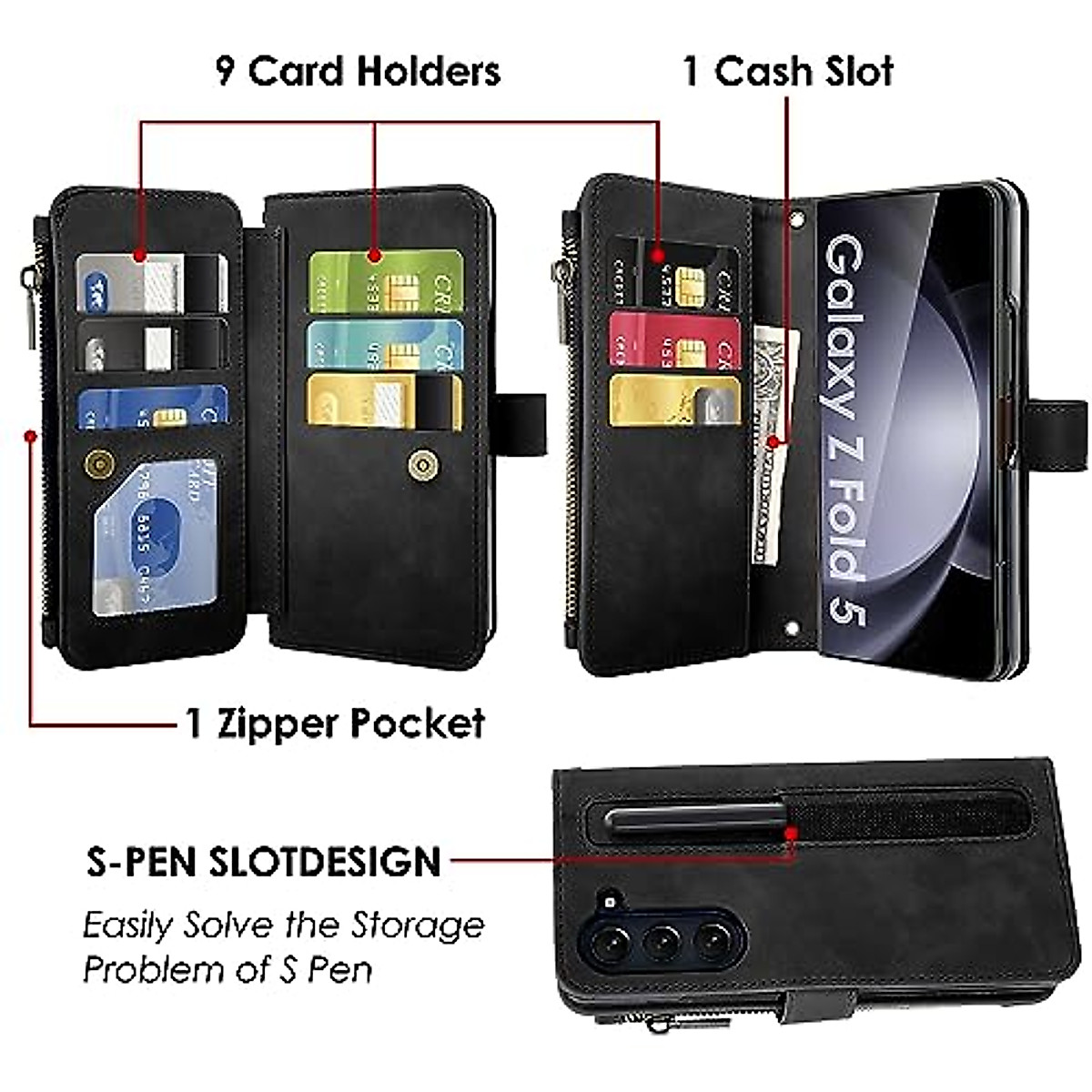 ZIULQIK for Samsung Galaxy Z Fold 5 Case, PU Leather Z Fold 5 Wallet Cases with S Pen Holder & Wrist Crossbody Strap & Card Holder Black
