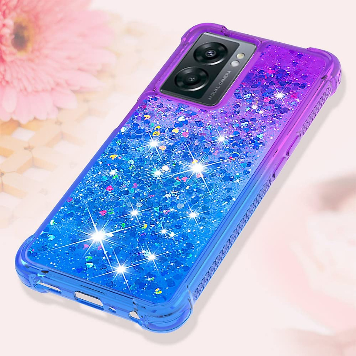 CAIYUNL for Oneplus Nord N300 5G Case with Tempered Glass Screen Protector,Glitter Bling Floating Liquid Women Girls Cute Phone Case Soft TPU Protective Cover for Oneplus Nord N300 5G-Purple Blue