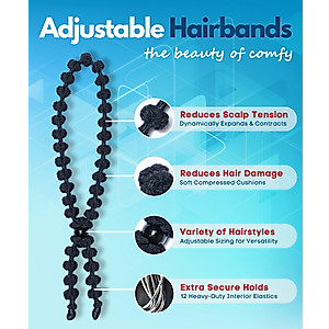 Bunzee Bands Large Hair Band for Thick, Curly, Natural Hair - Cushioned No Damage Hair Ties Ideal For Braids, Pineapple Hair - Afro Puff Ponytail Holder - Adjustable, Extra Stretchy (Black 2Pk)