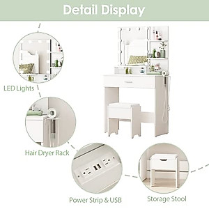 Makeup Vanity Table with Lighted Mirror & Power Strip, White Vanity Set with Hair Dryer Rack, Lots Storage, 3 Lighting Modes, Brightness Adjustable, 31.5in(L)