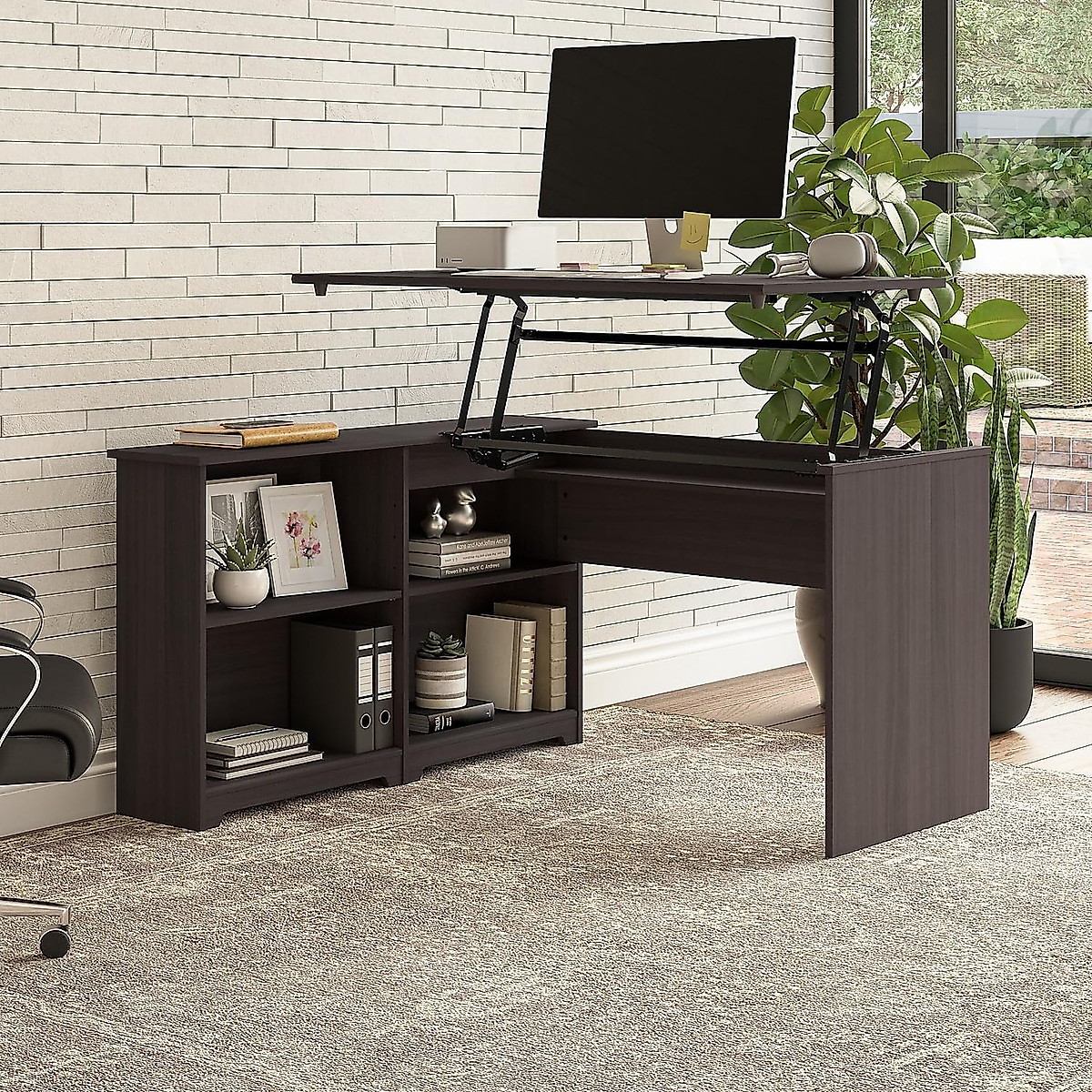 Bush Furniture Cabot 52W 3 Position Sit to Stand Corner Desk with Shelves in Heather Gray