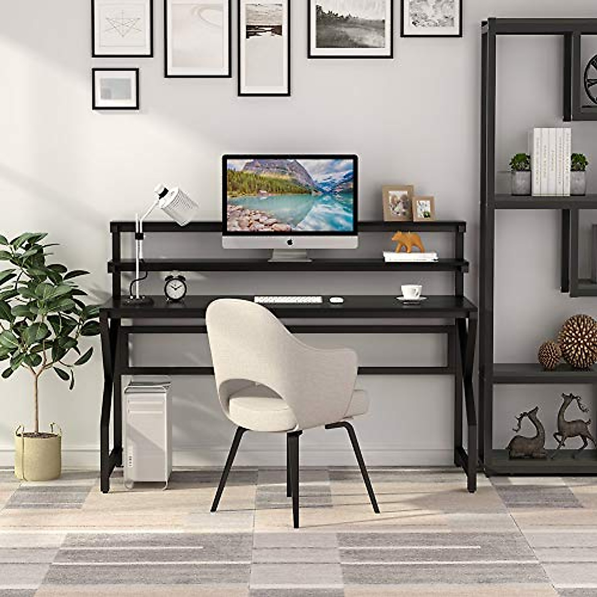 Tribesigns Office Desk with Monitor Stand, 55 Inch Large Modern Computer Desk Gaming Table Studying Writing Desk Workstation with Hutch for Office & Home Office, Black