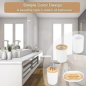 Bathroom Accessories Set, Set of 8 Piece Plastic Gift Set Toothbrush Holder,Toothbrush Cup,Soap Dispenser,Soap Dish,Toilet Brush Holder,Trash Can,Cotton Swab can for Bathroom (White bamboo-8pcs)