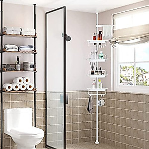 Rustproof Shower Caddy Corner, Shower Organizer with Tension Pole, 4 Tier Adjustable Shelves with Shower Storage, Stainless Shower Shelves, Drill Free Shower Rack, 56-114 Inch, White