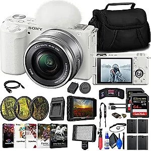 Sony ZV-E10 Mirrorless Camera with 16-50mm Lens (White) (ILCZV-E10L/W) + 4K Monitor + 2 x 64GB Memory Card + Filter Kit + LED Light + External Charger + 3 x NPF-W50 Battery + Card Reader + More