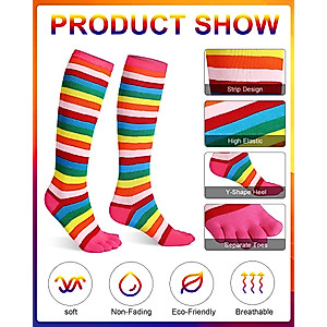 Jeere 6 Pairs Rainbow Toe Socks Women Cotton Knee High Toe Socks With Toes Separated Striped Thigh High Socks Leg Warmers LGBT Pride Long Socks (Black, Grey, Pink, Red, Coffee, Green)