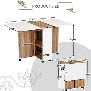 JOMEED Folding Dining Table with 6 Wheels, Drawer and 2-layer Storage Shelf, Drop Leaf Table for Small Space Space Saving Dining Table for Kitchen, Living Room (White and Wood Grain)