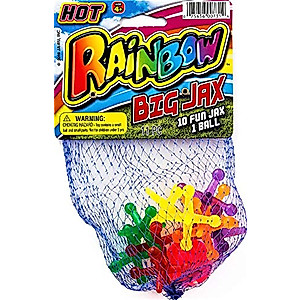 JA-RU Hot Rainbow Big Jax Retro Jaxs. 1 Large Hi Bounce Ball and 10 Large Colorful Rubber Jacks. Party Favors Game Toy for Kids and Adults Boys and Girls Toys. 731-1B