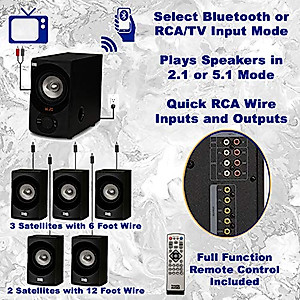 Acoustic Audio by Goldwood AA5171 Home Theater 5.1 Bluetooth Speaker System with FM and 5 Extension Cables, Black