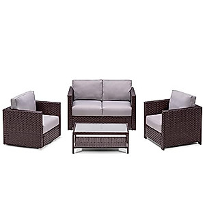 MCombo 4 Pieces Outdoor Patio Furniture Set, Swivel Lounge Chair and Cushion, Wicker Conversation Set with Tempered Glass Table, Outdoor Furniture Chair Set for Lawn Balcony Gazebo, 9575BR-BG